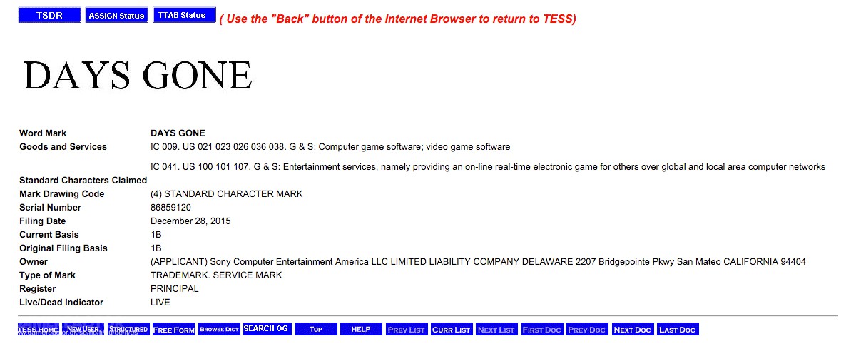 Sony files US trademark for Days Gone