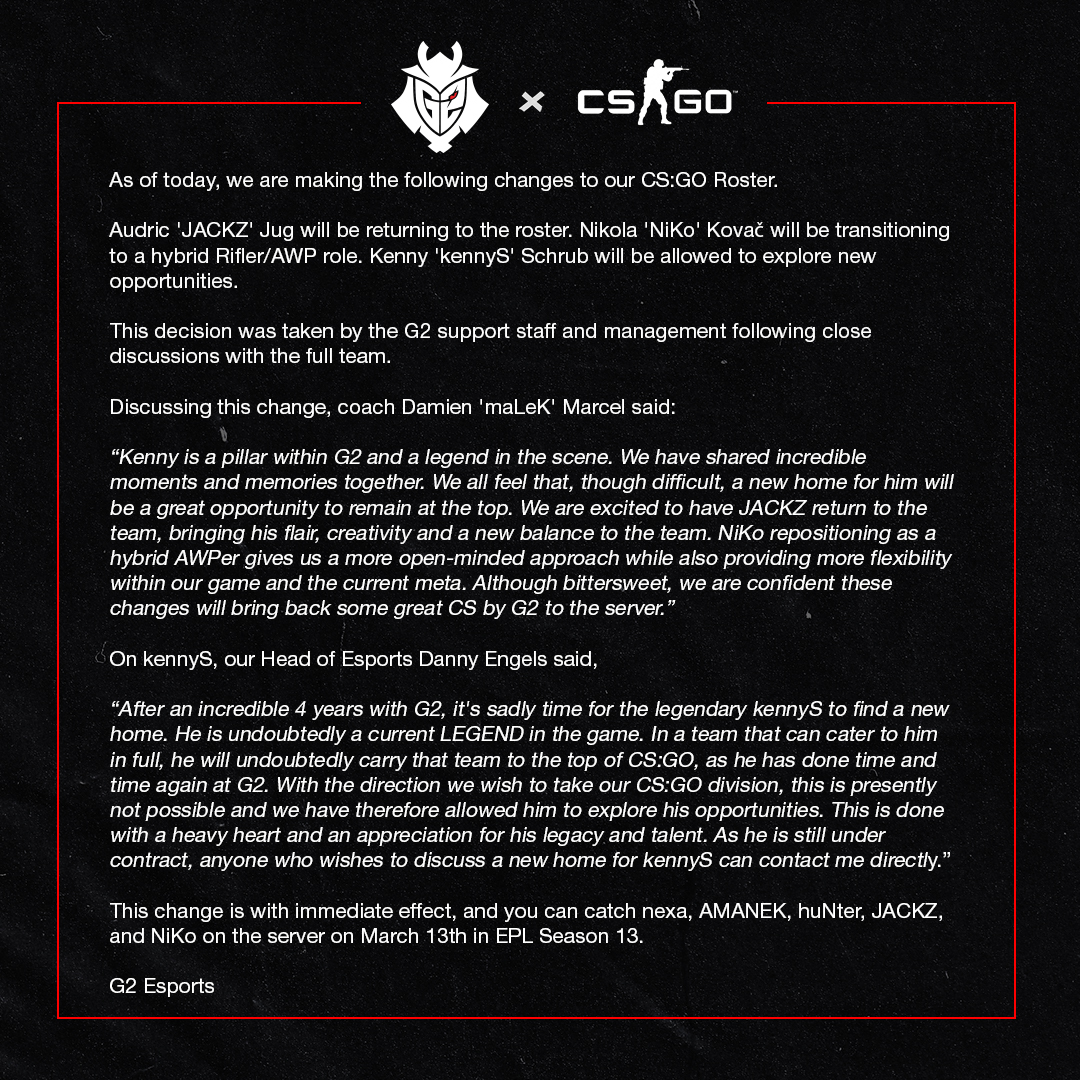 G2 Esports drop kennyS, and add JaCkz to the roster - Counter-Strike ...