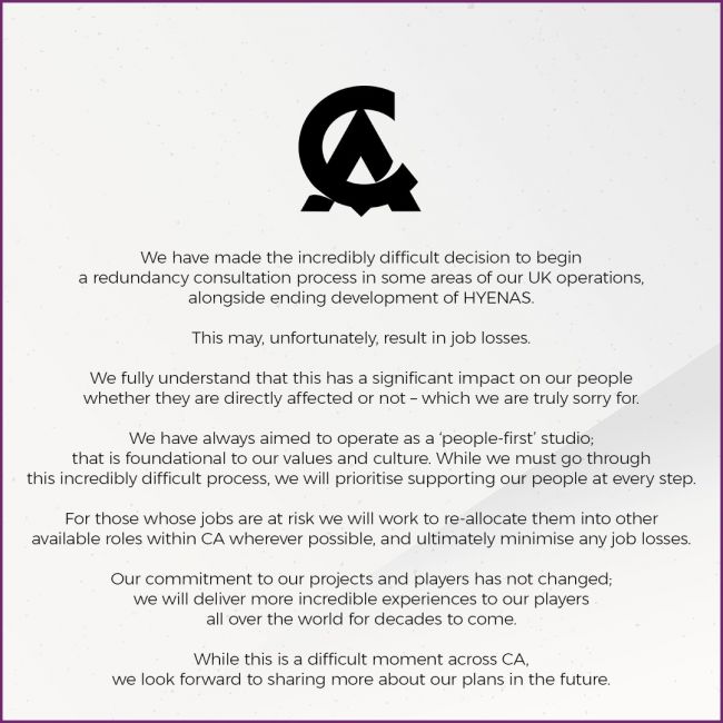 Following Hyenas cancellation, Creative Assembly will face layoffs
