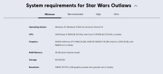 Star Wars Outlaws PC specs have been revealed