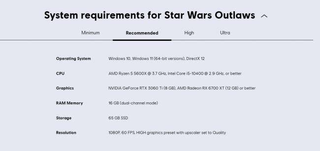 Star Wars Outlaws PC specs have been revealed