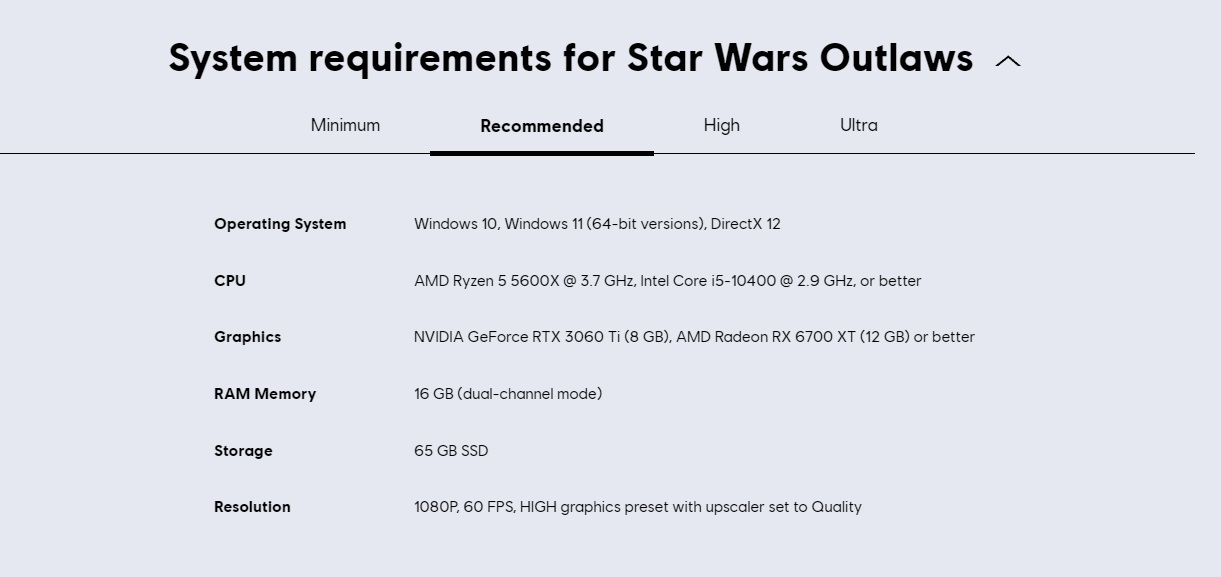Star Wars Outlaws PC specs have been revealed