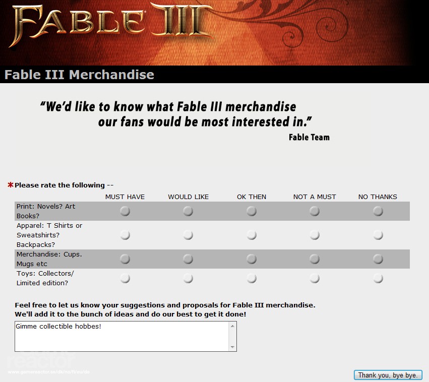 Make a Fable III merchandise wish