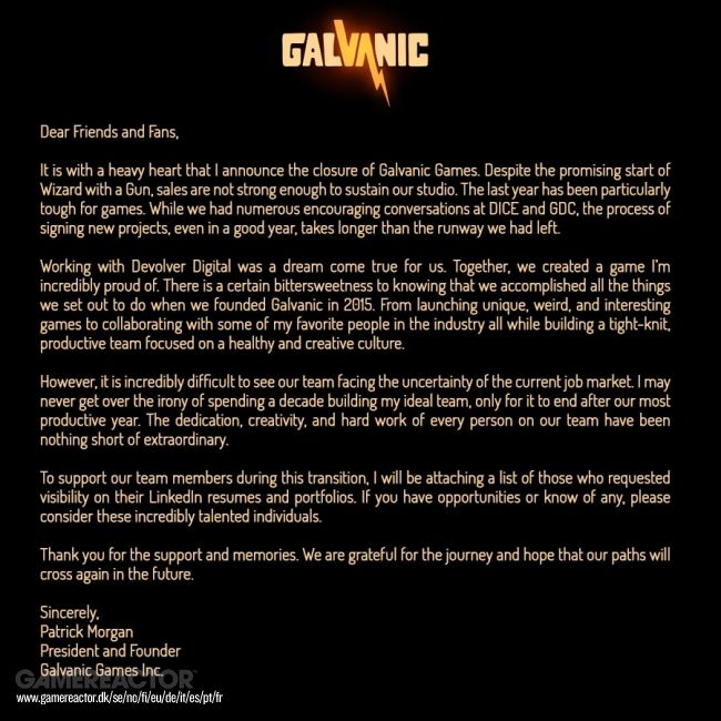 Galvanic Games, creators of Wizard with a Gun, announce studio closure