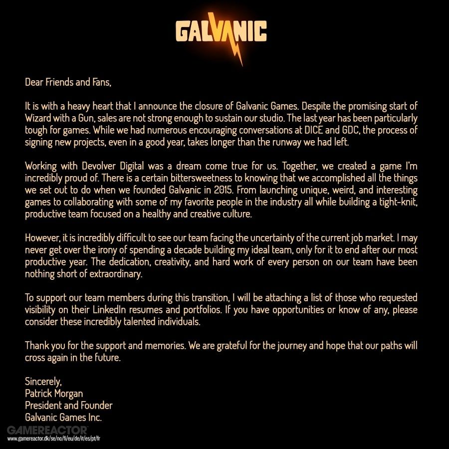 Galvanic Games, creators of Wizard with a Gun, announce studio closure