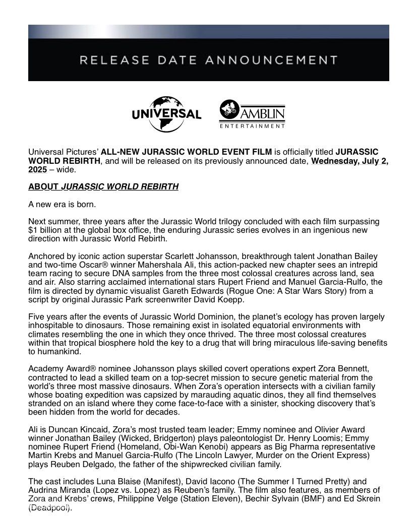 Official release date announced for the upcoming Jurassic World: Rebirth