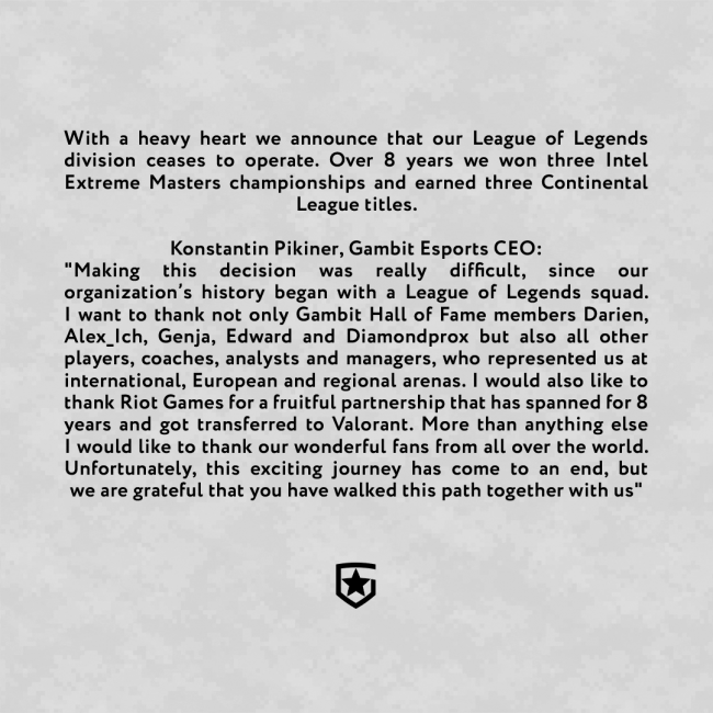 Gambit Esports to step away from League of Legends