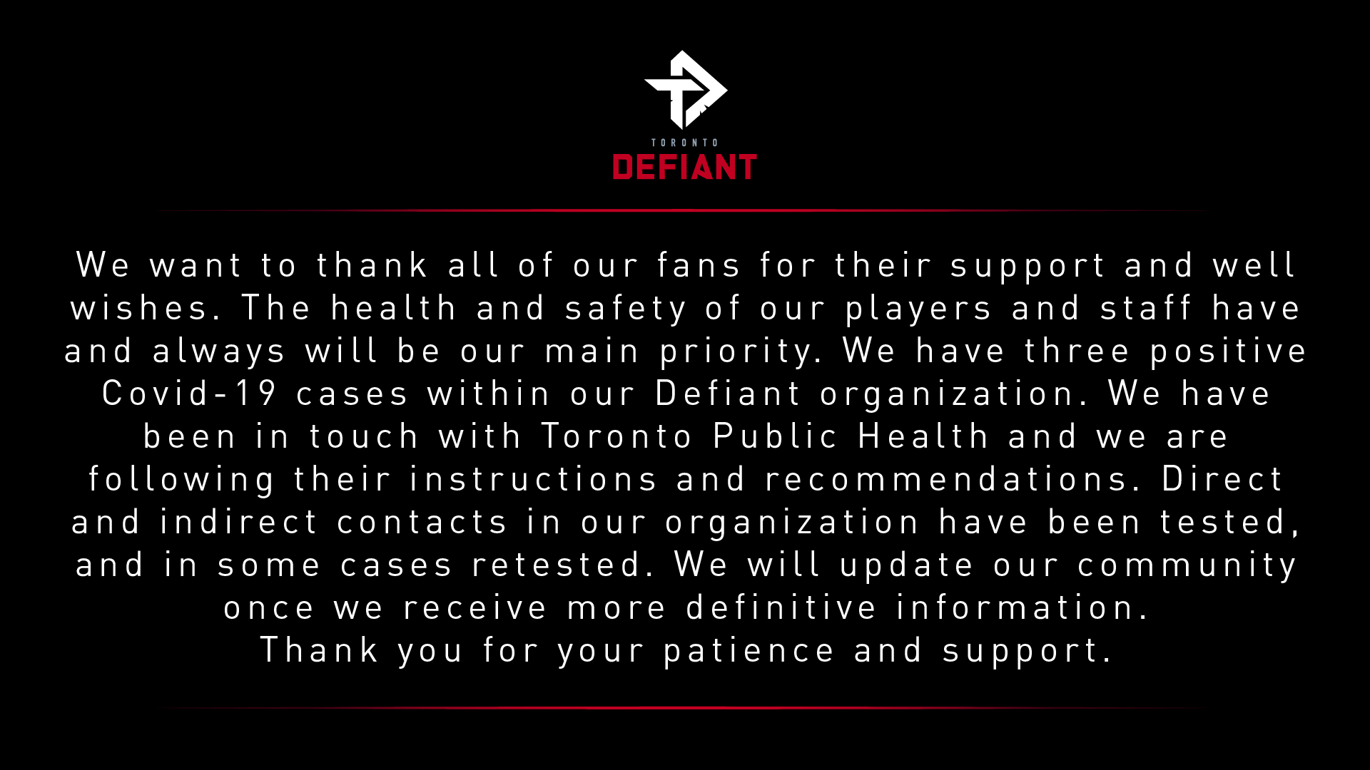 Toronto Defiant announces three positive Covid-19 cases within the ...